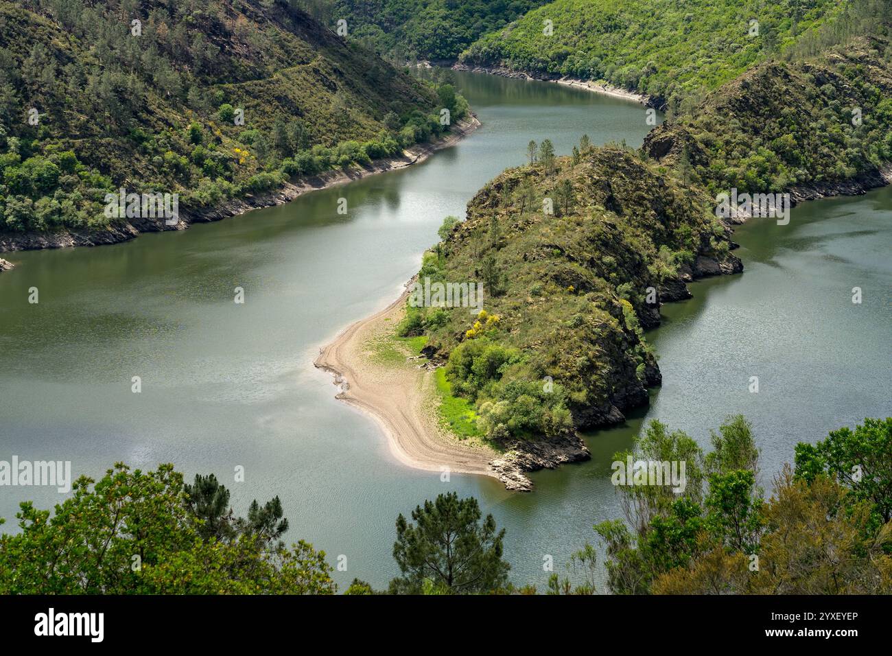 Aerial view of Canyons of the Sil river in the Ribeira Sacra zone of ...