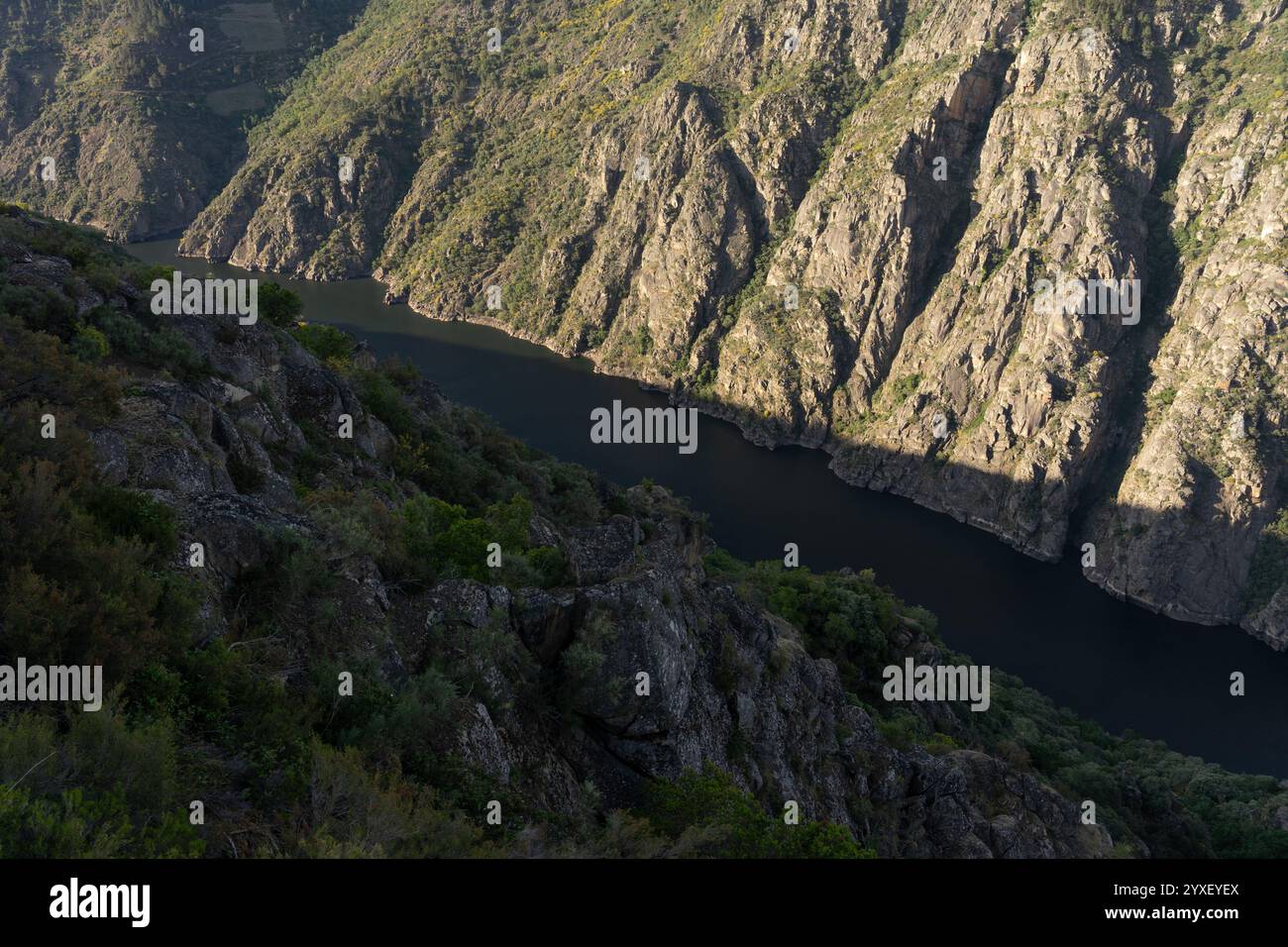 Aerial view of Canyons of the Sil river in the Ribeira Sacra zone of ...