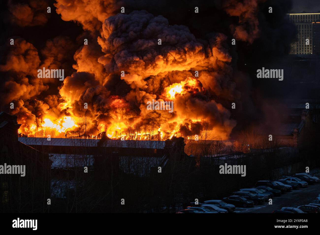 Black smoke rising from fire, indicating arson, gas explosion. Air ...