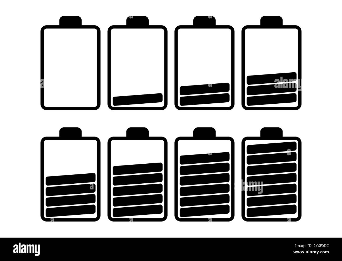 A set of eight batteries with different charge indicators. Vector ...