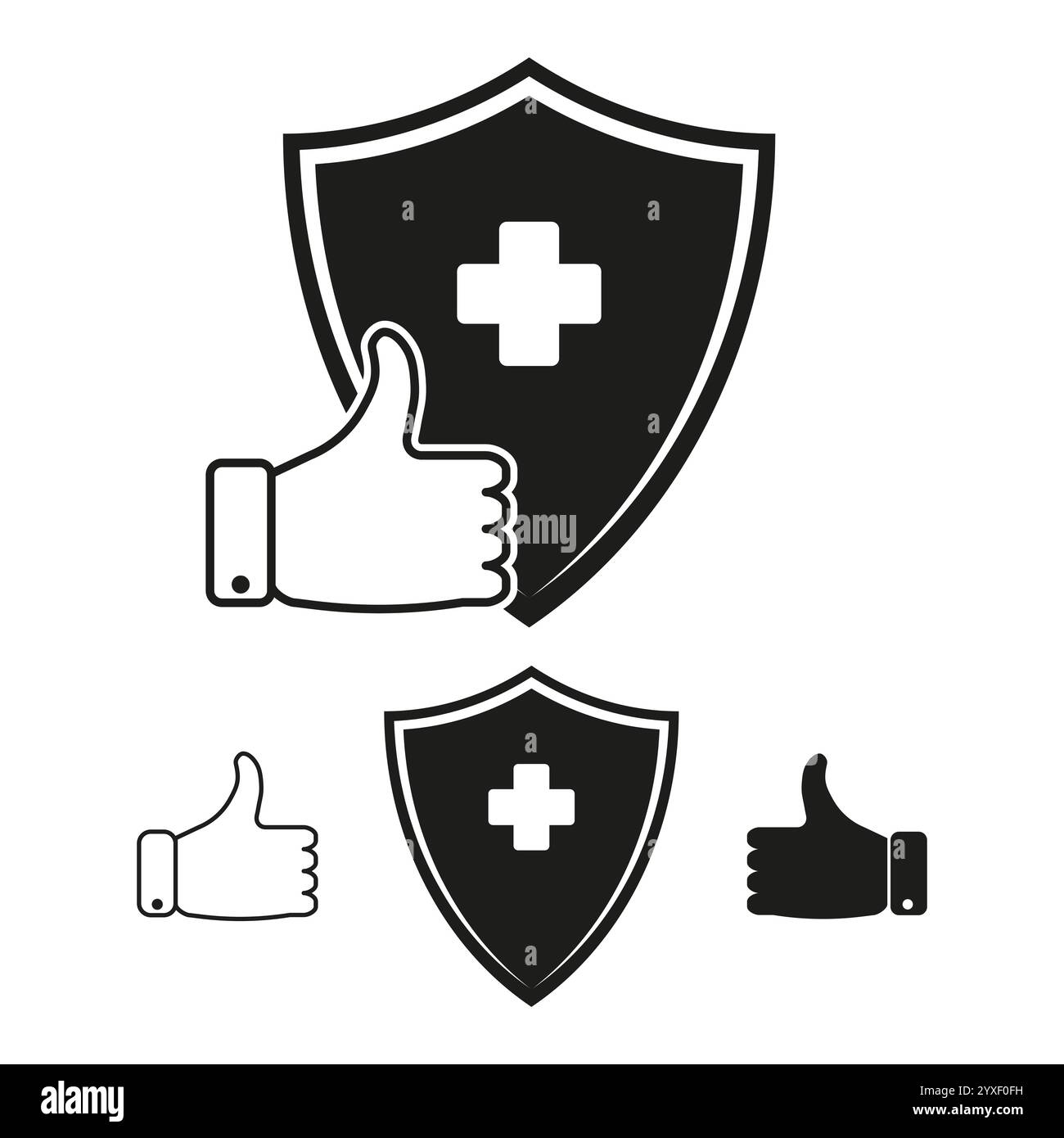 Shield with cross. Approval thumbs-up icon. Health protection symbol ...