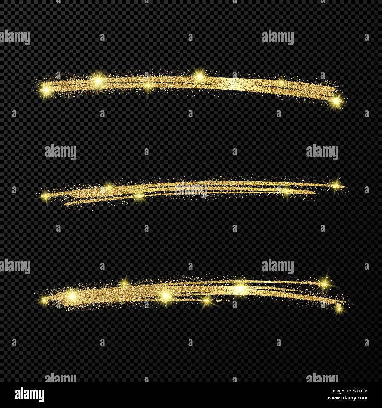 Abstract shiny confetti glittering waves. Set of three hand drawn brush golden strokes on black ...