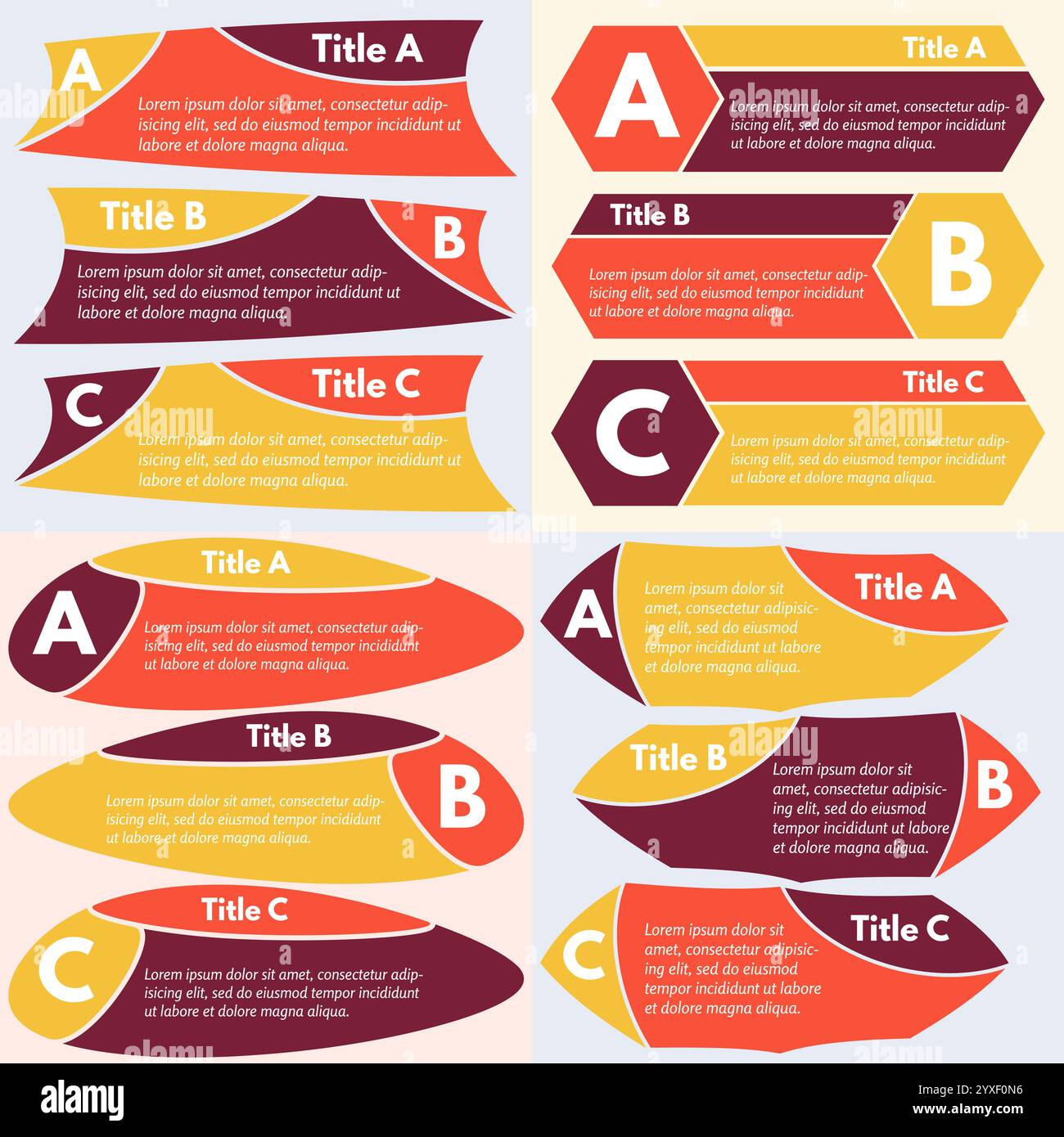 Four sets of three elements of infographic design. Step by step infographic design template ...