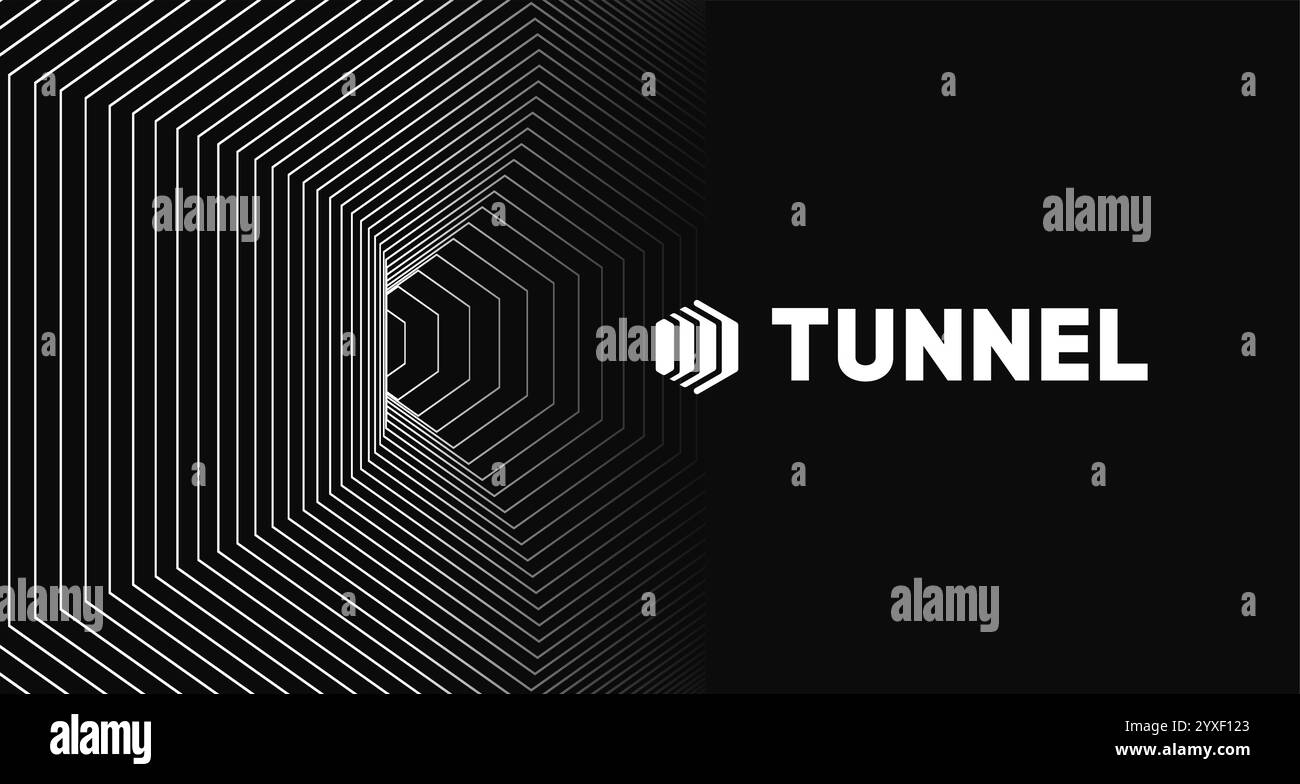 Minimalist black and white tunnel design with hexagonal geometric lines forming a visual depth ...