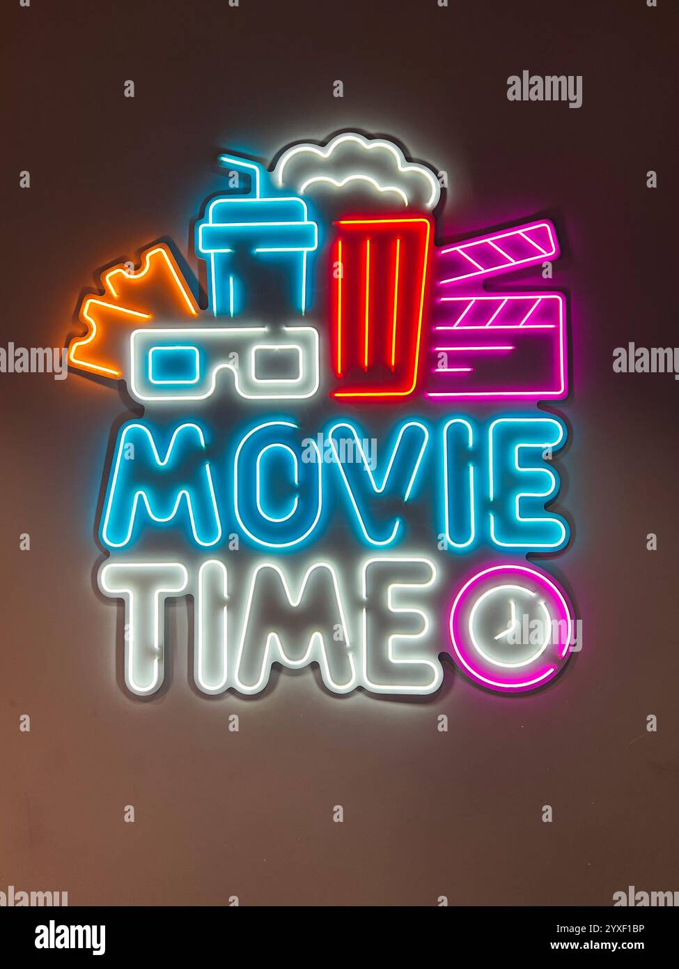 Vibrant neon light displaying movie time icons like popcorn, glasses ...
