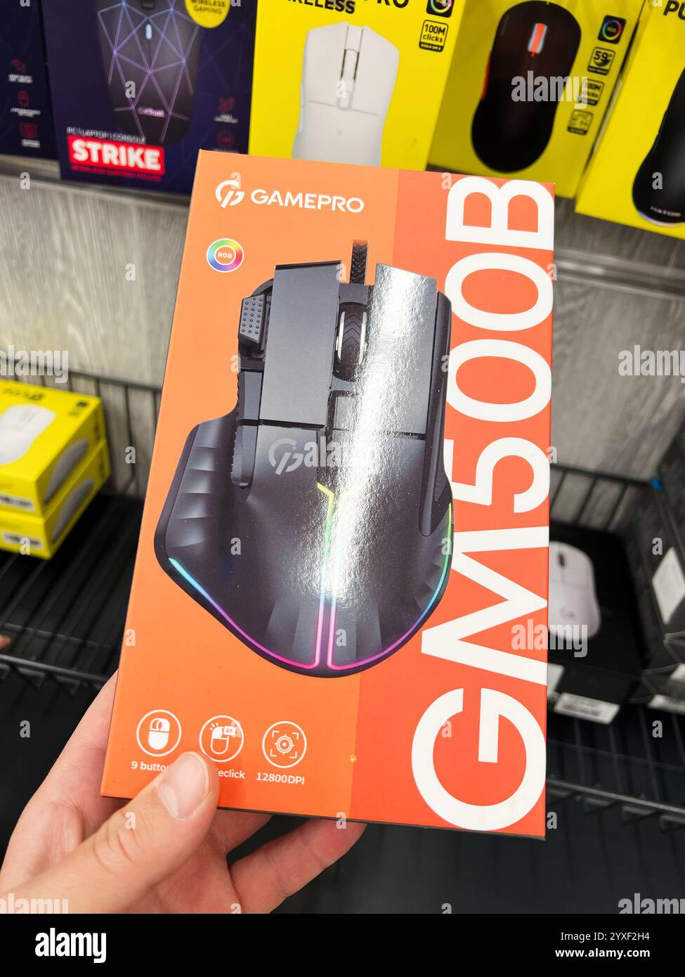 Kyiv, Ukraine - December 15, 2024: A close-up of a gaming mouse box ...