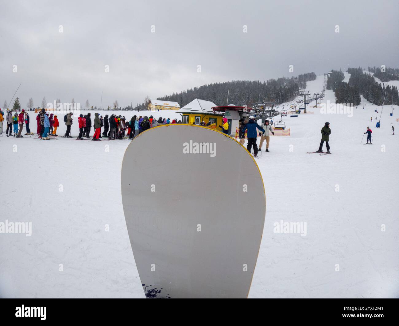 Ski Resort with Snowboard and Lift Line Stock Photo - Alamy