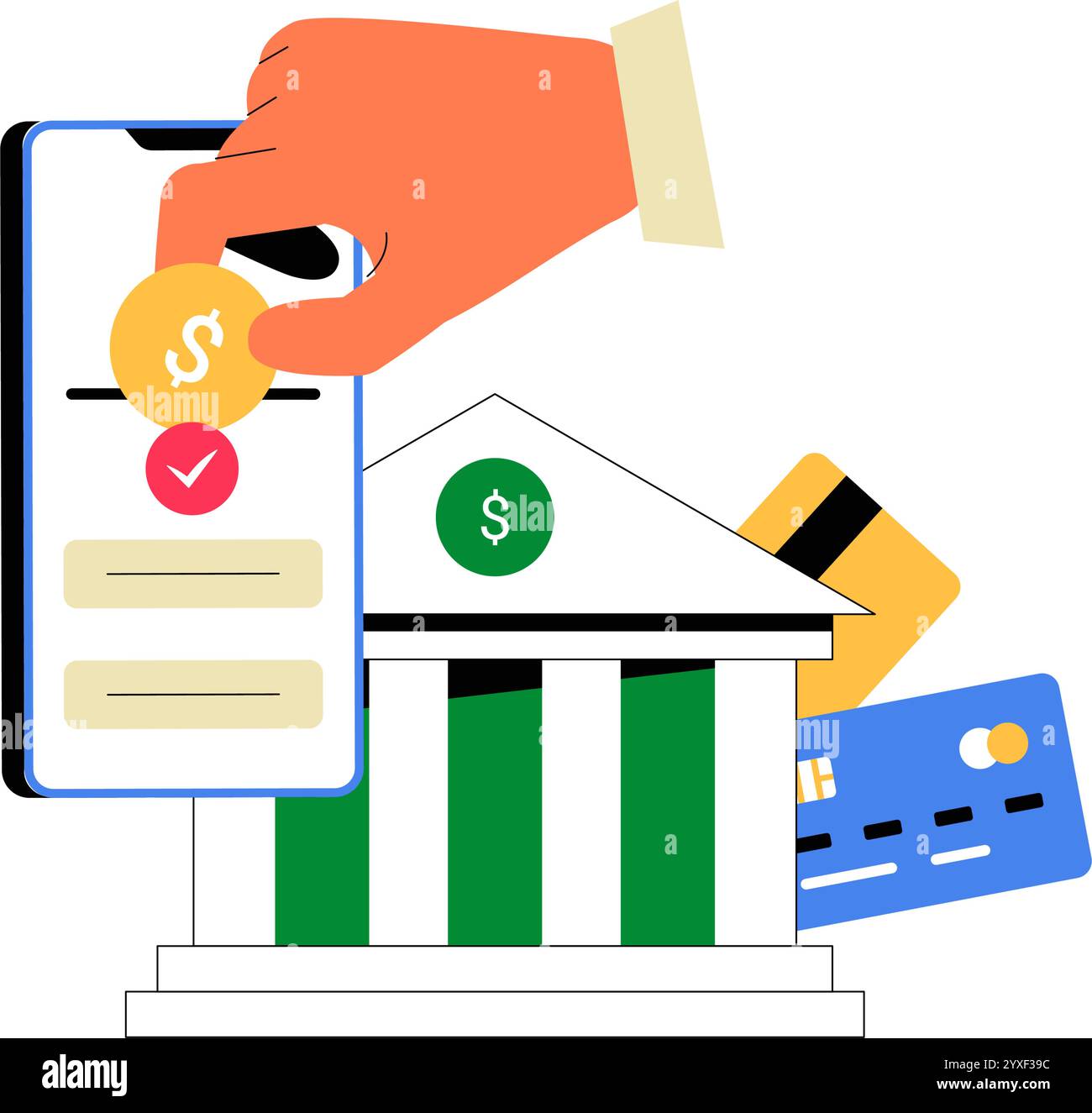 Bank Payment Process With Mobile App And Coins In Flat Vector ...