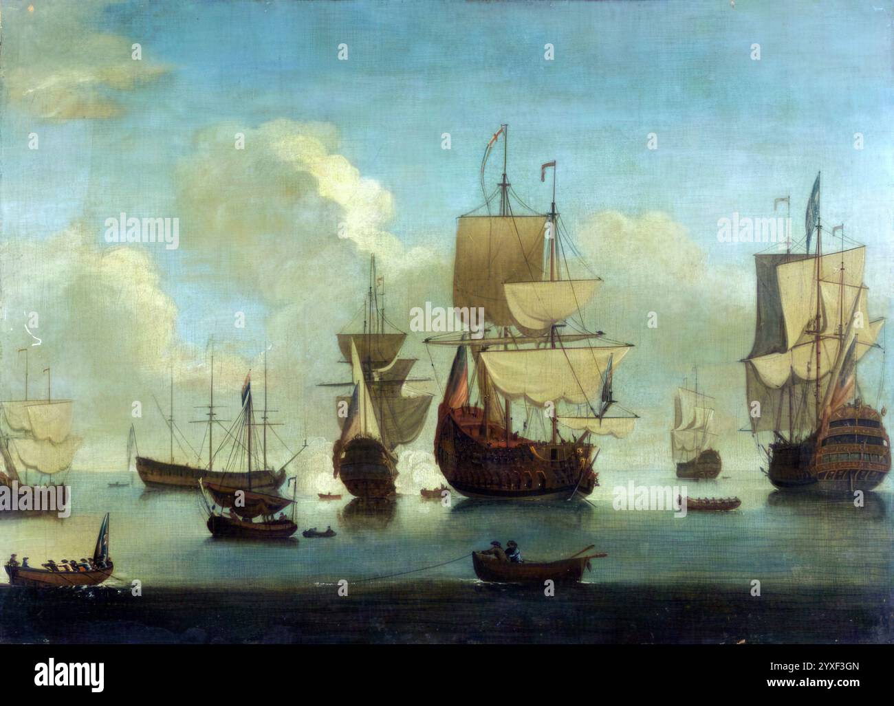 English Warships at Anchor in a Calm a painting by Peter Monamy Stock ...