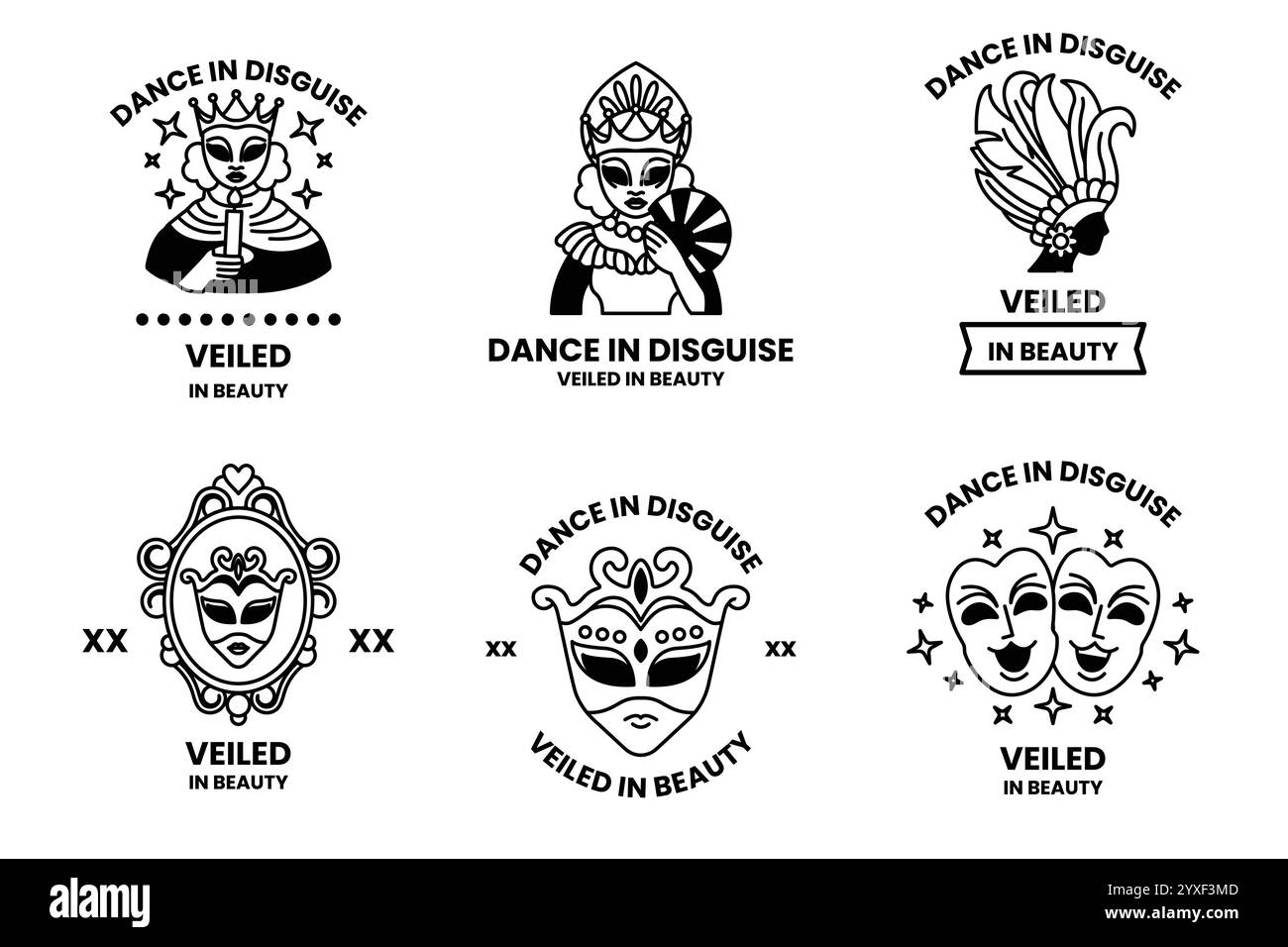 Set of illustrations in the concept of masks and parties in line ...