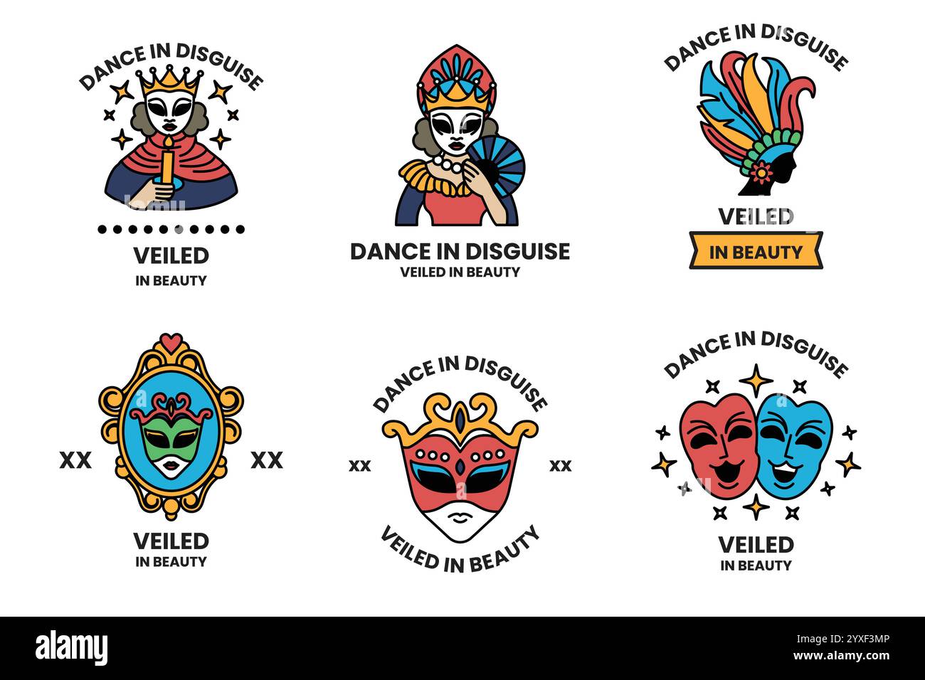 Set of illustrations in the concept of masks and parties in line ...