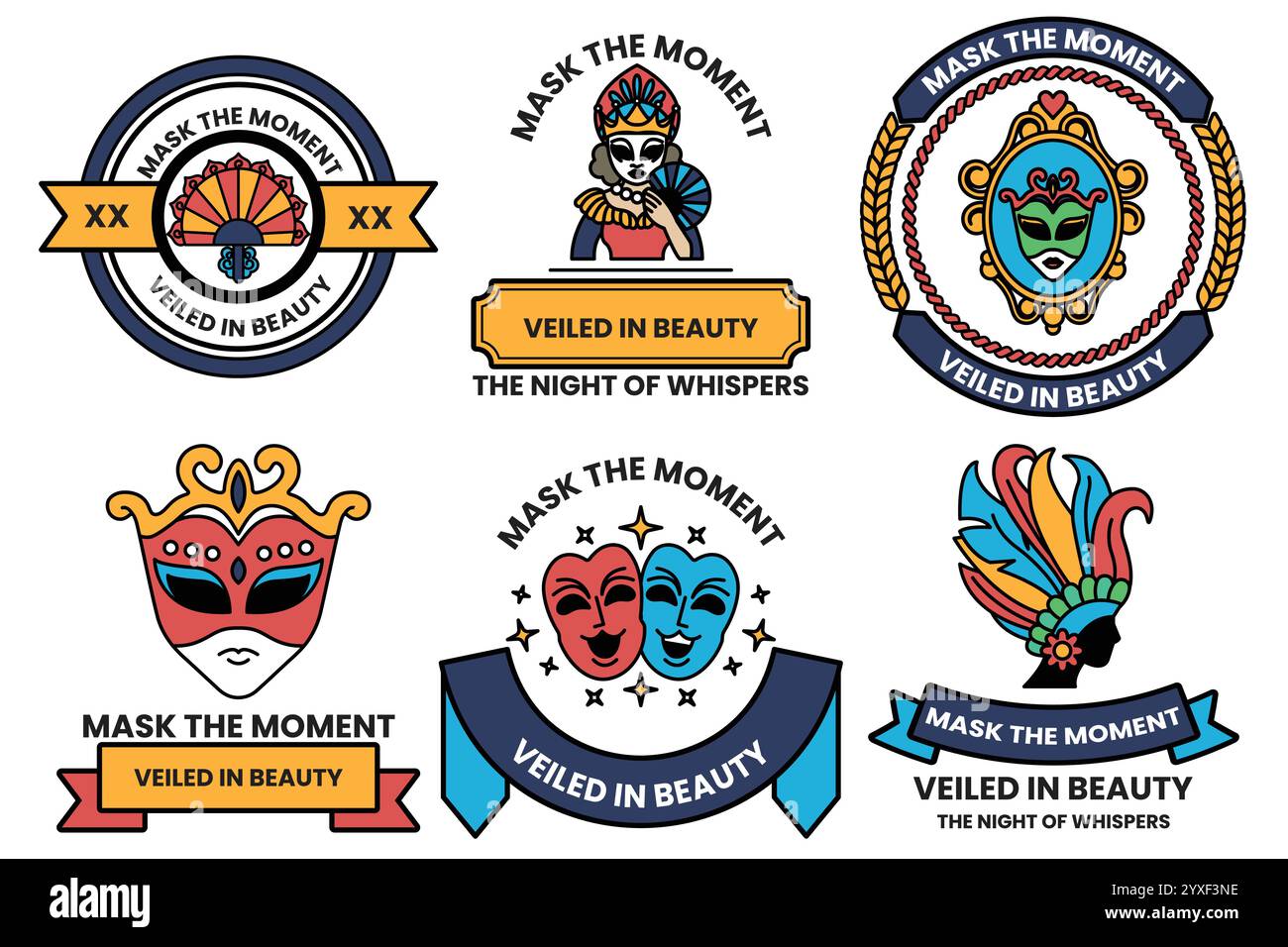 Set of illustrations in the concept of masks and parties in line ...