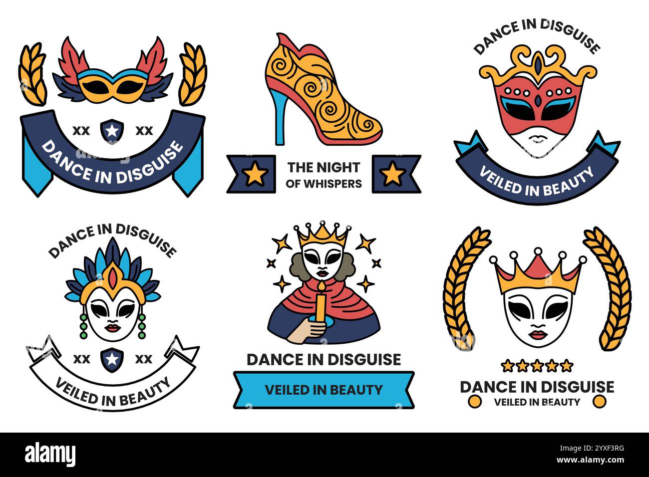 Set of illustrations in the concept of masks and parties in line ...