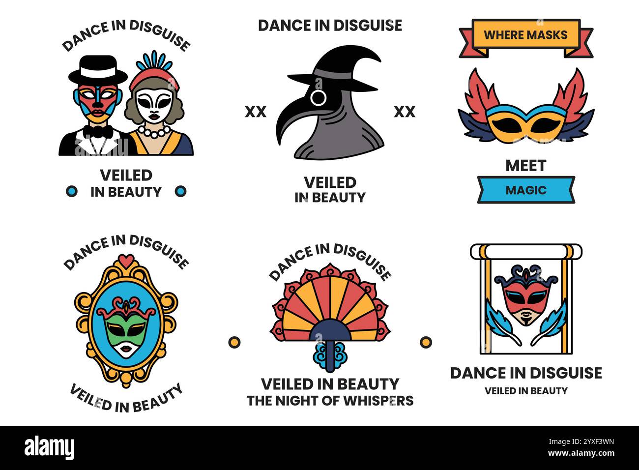 Set of illustrations in the concept of masks and parties in line ...