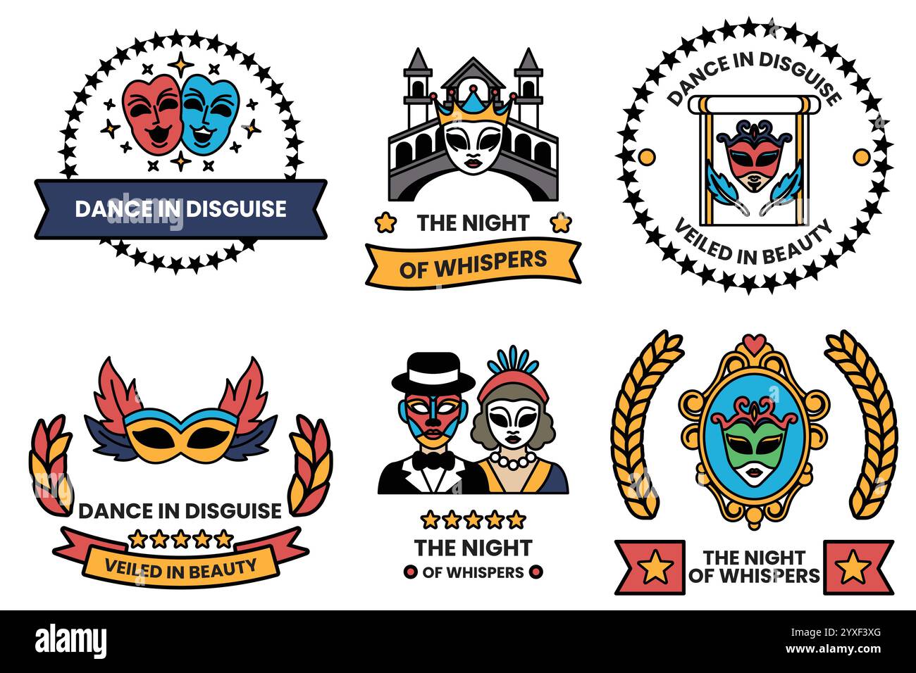 Set of illustrations in the concept of masks and parties in line ...