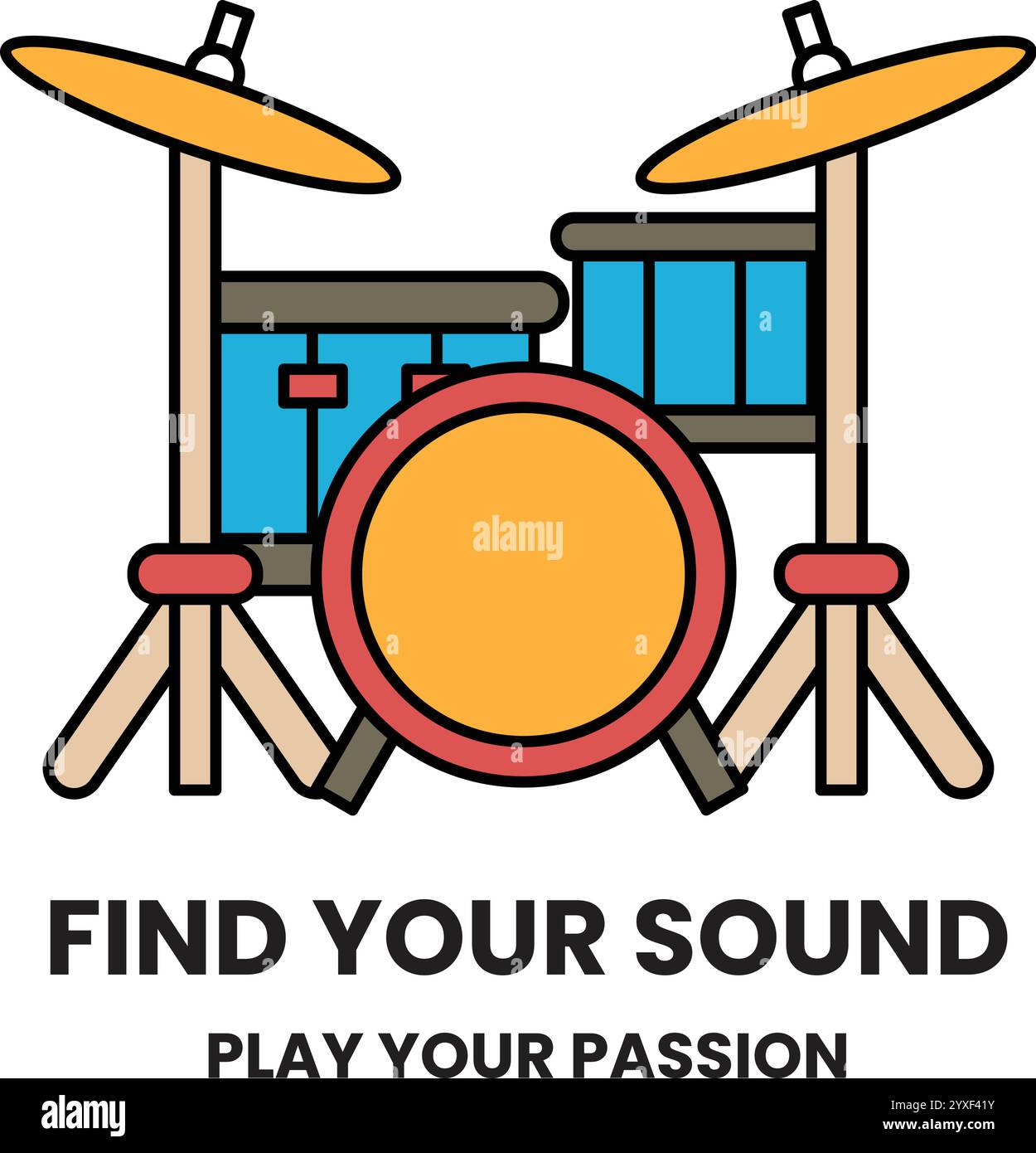 A drum set with a yellow drum head and blue drum shells Stock Vector ...