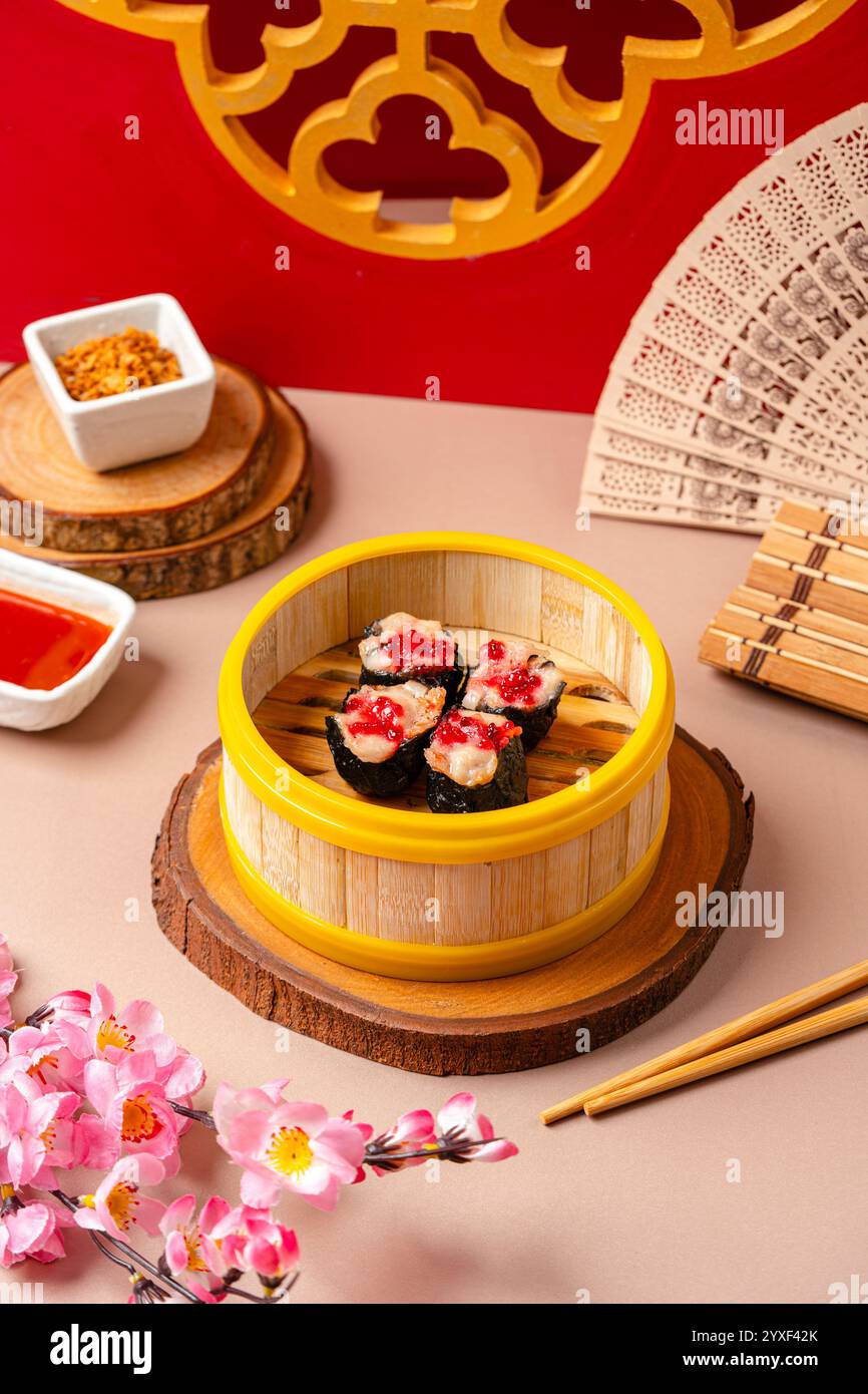 Crab seaweed dumplings in bamboo steamer basket. Dimsum is a large ...