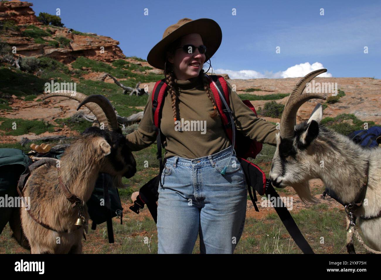 Elizabeth Kamerick of Florida scratches the heads of two pack goats ...