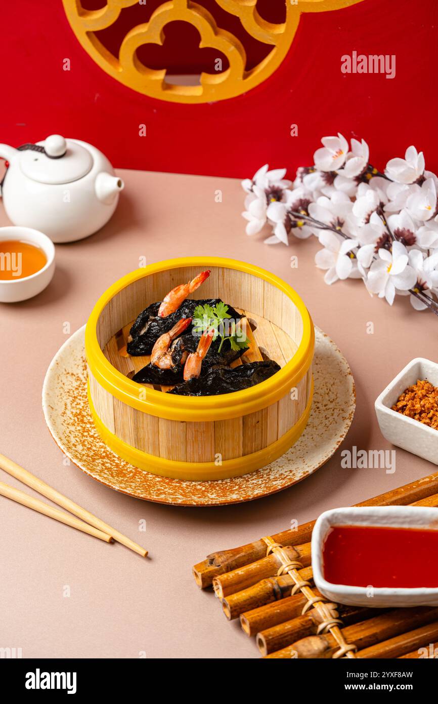 shrimp seaweed dumplings in bamboo steamer basket. Dimsum is a large ...