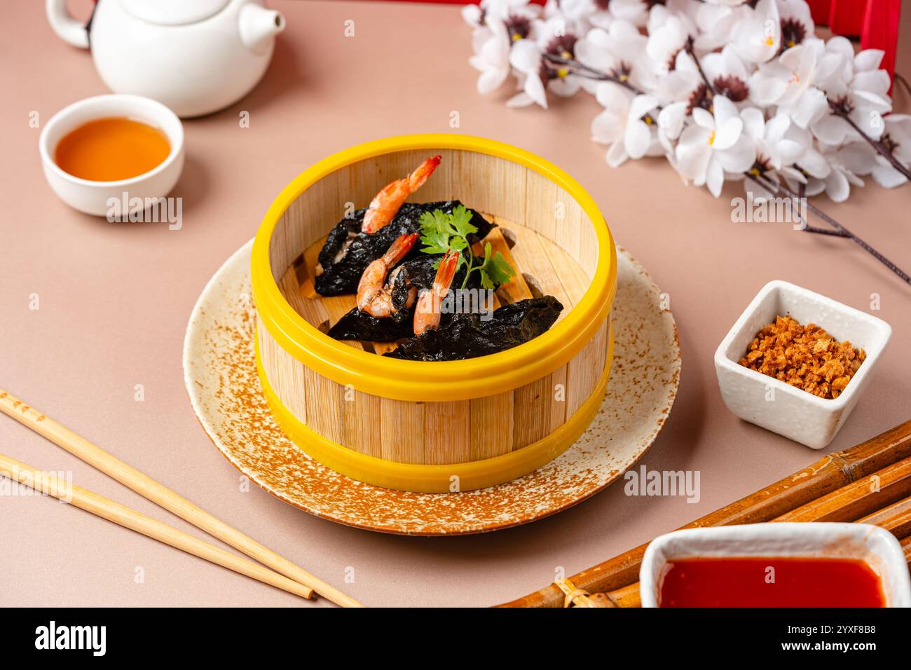 shrimp seaweed dumplings in bamboo steamer basket. Dimsum is a large ...