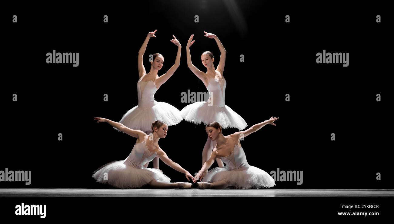 Creative composition. Four graceful, elegant, young ballerinas in white tutus, dancing ...