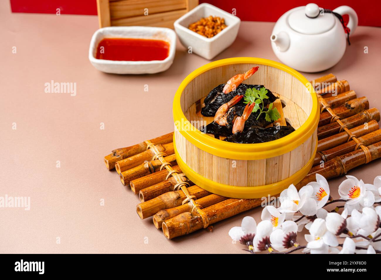 shrimp seaweed dumplings in bamboo steamer basket. Dimsum is a large ...