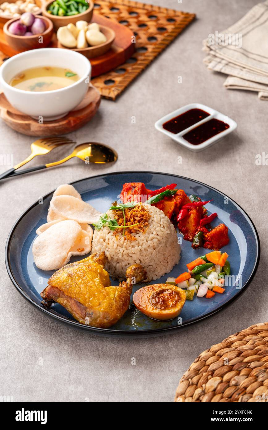 Steamed Rice with Fried Chicken or Hainanese Chicken Rice Stock Photo ...