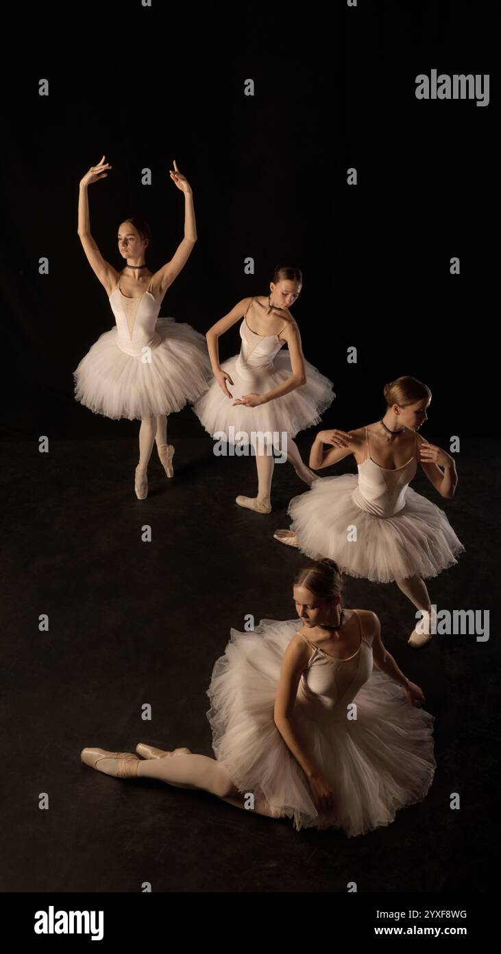 Vertical image of graceful and elegant young girls, ballerinas creating beautiful symmetrical ...