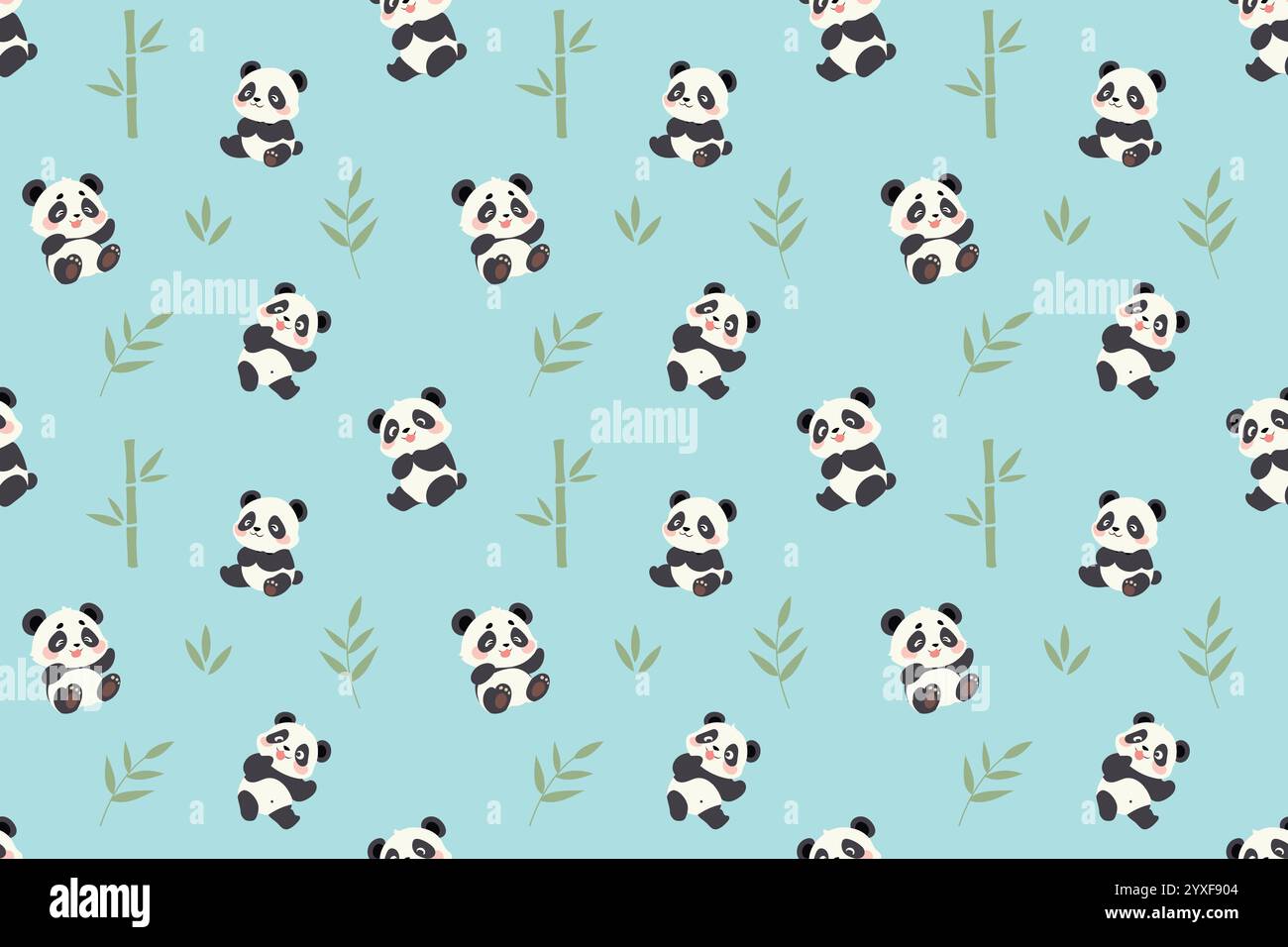A repeating pattern featuring cute cartoon pandas and bamboo plants on ...