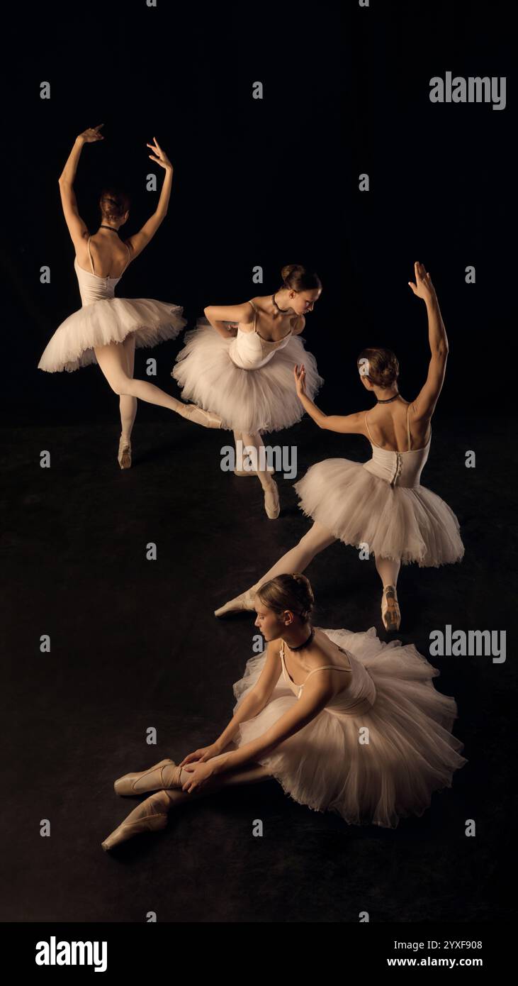 Artistic display of ballet dancers in symmetrical formation on stage ...
