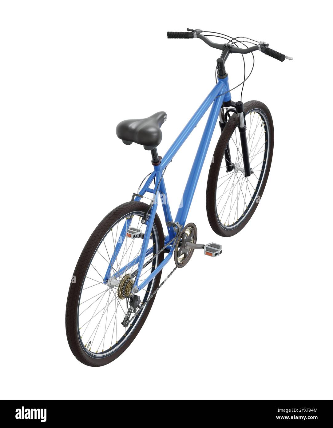 Blue bicycle, top back view. Black leather saddle and handles. Isolated ...