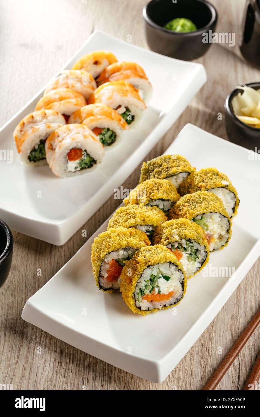 sushi roll with shrimp and baked roll with red fish Stock Photo - Alamy