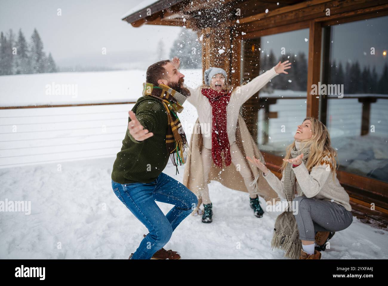 Family having fun during snowfall, throwing snow in the air Stock Photo ...