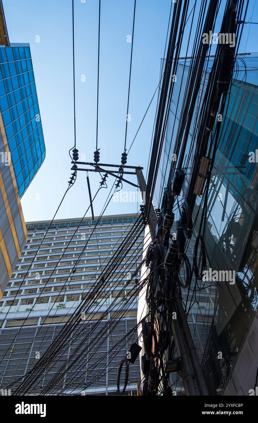 Wires and cables connection on a lamp post in Bangkok, Thailand Stock ...