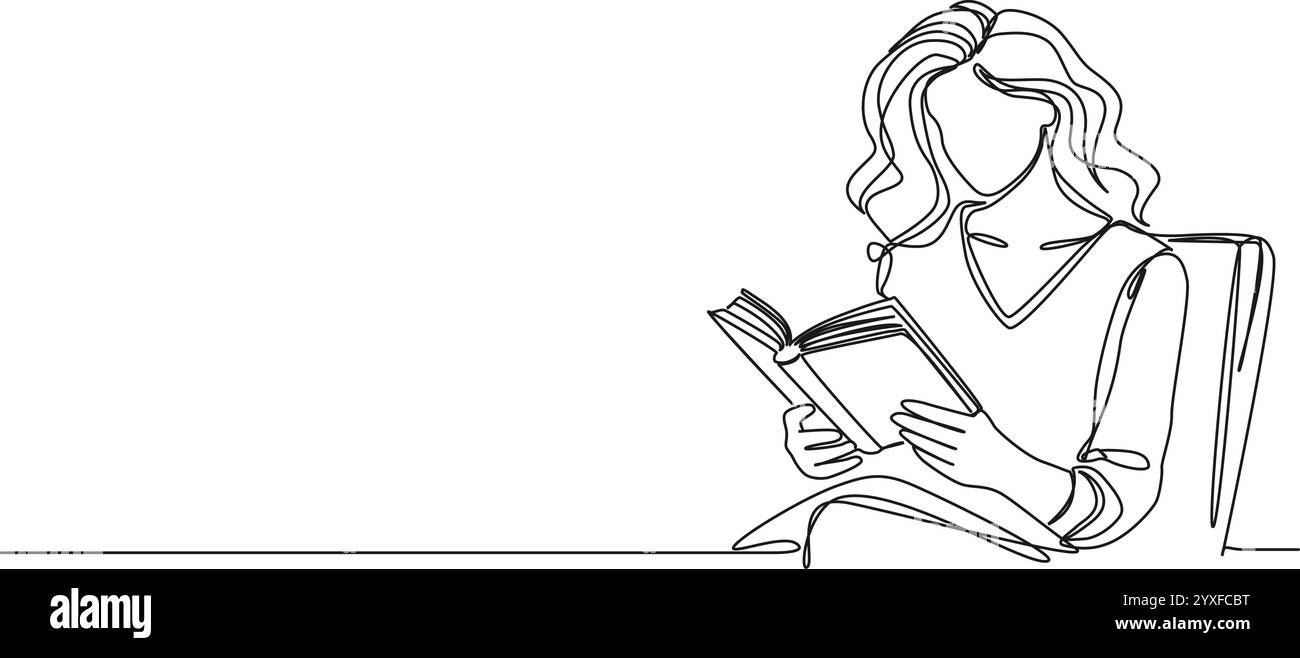 continuous single line drawing of young woman reading a book, line art ...