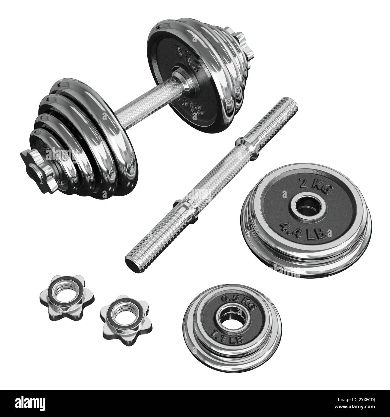 Chrome Adjustable Dumbbell and one taken apart with rod handle, weight ...