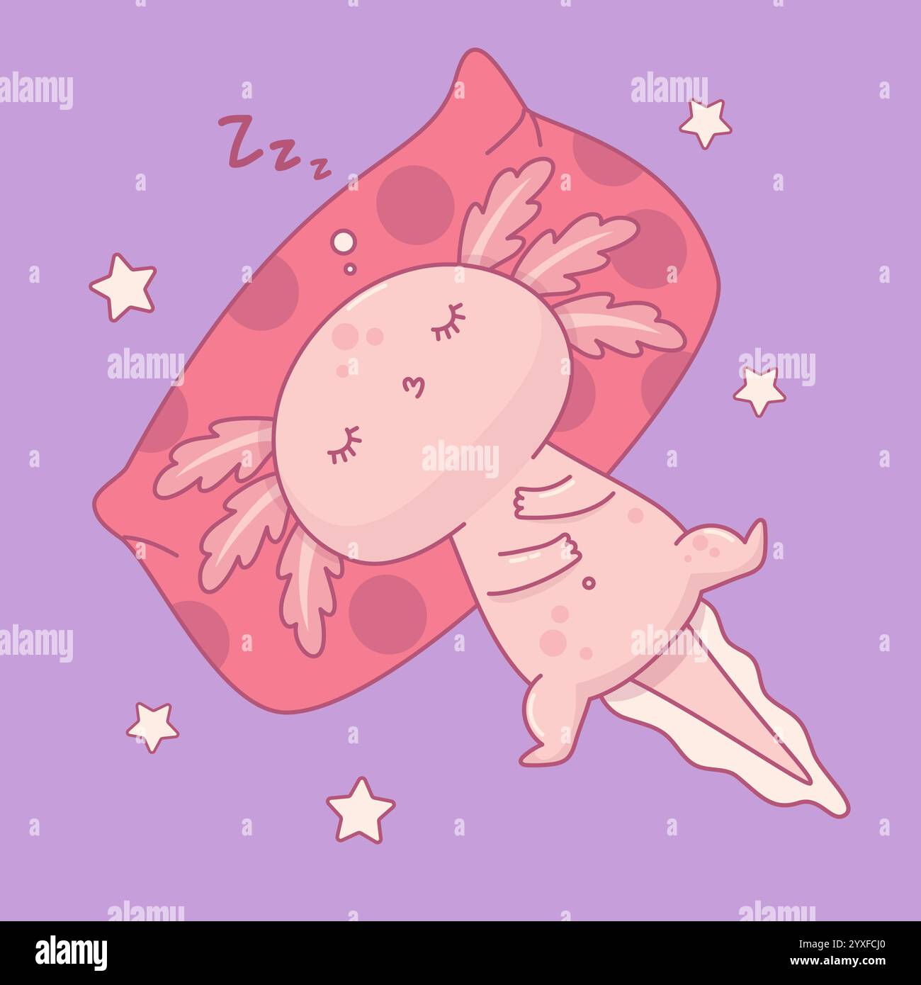 Cute pink Axolotl sleeping on pillow. Sweet dream. Little funny cartoon ...