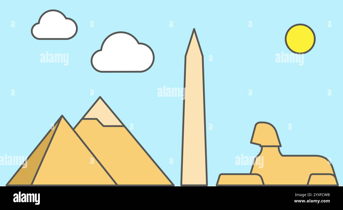 Ancient Egypt, simple illustration. Pyramids, Sphinx and Obelisk. Flat vector illustration ...