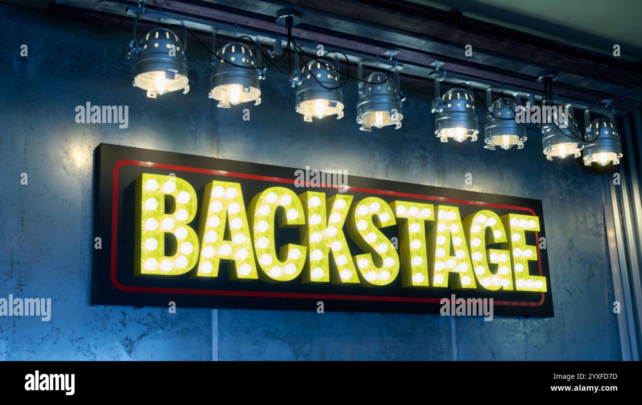 Backstage illuminated sign and down lighters Stock Photo - Alamy