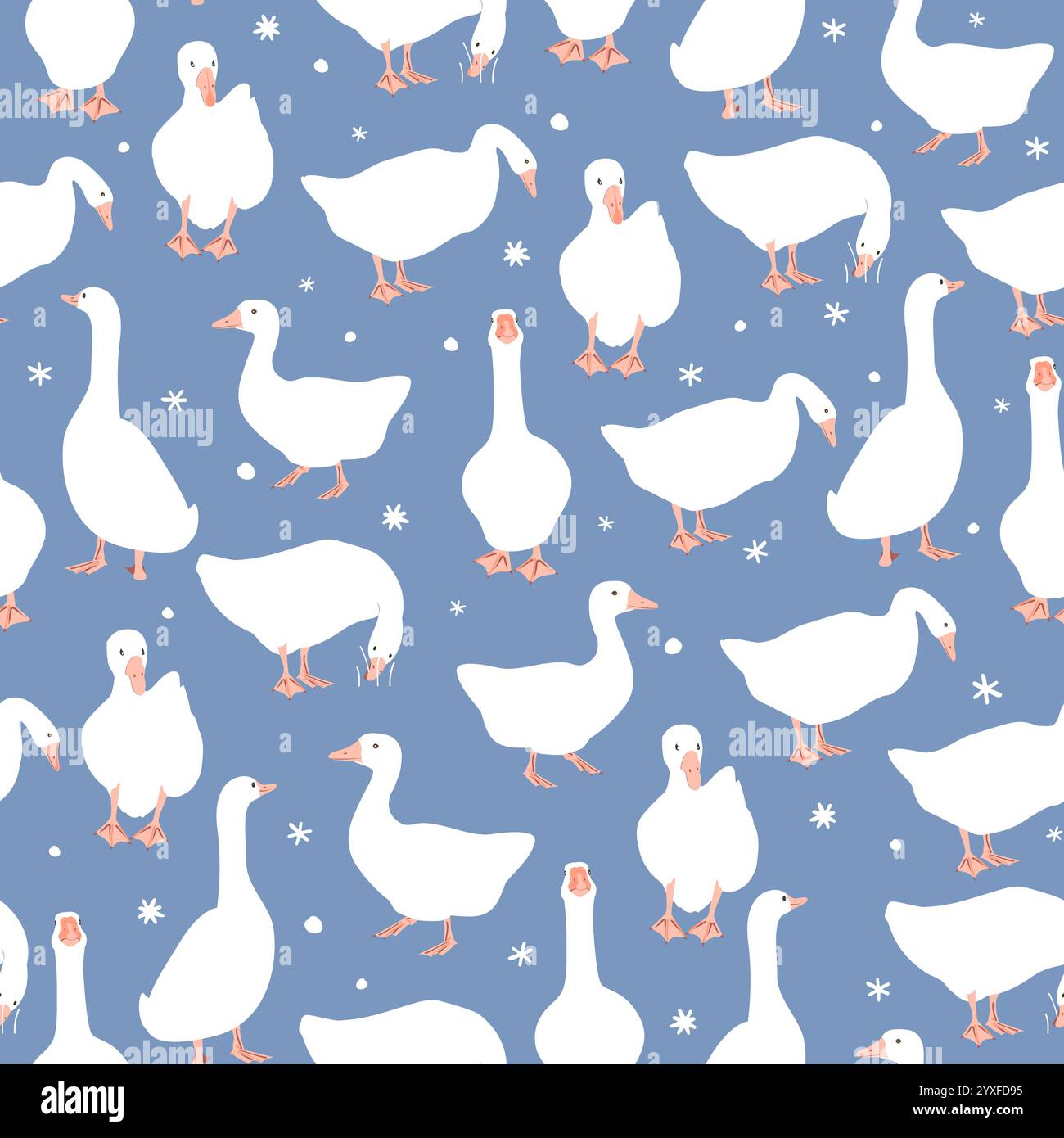 Cute geese and snow seamless pattern. Winter goose collection on blue ...
