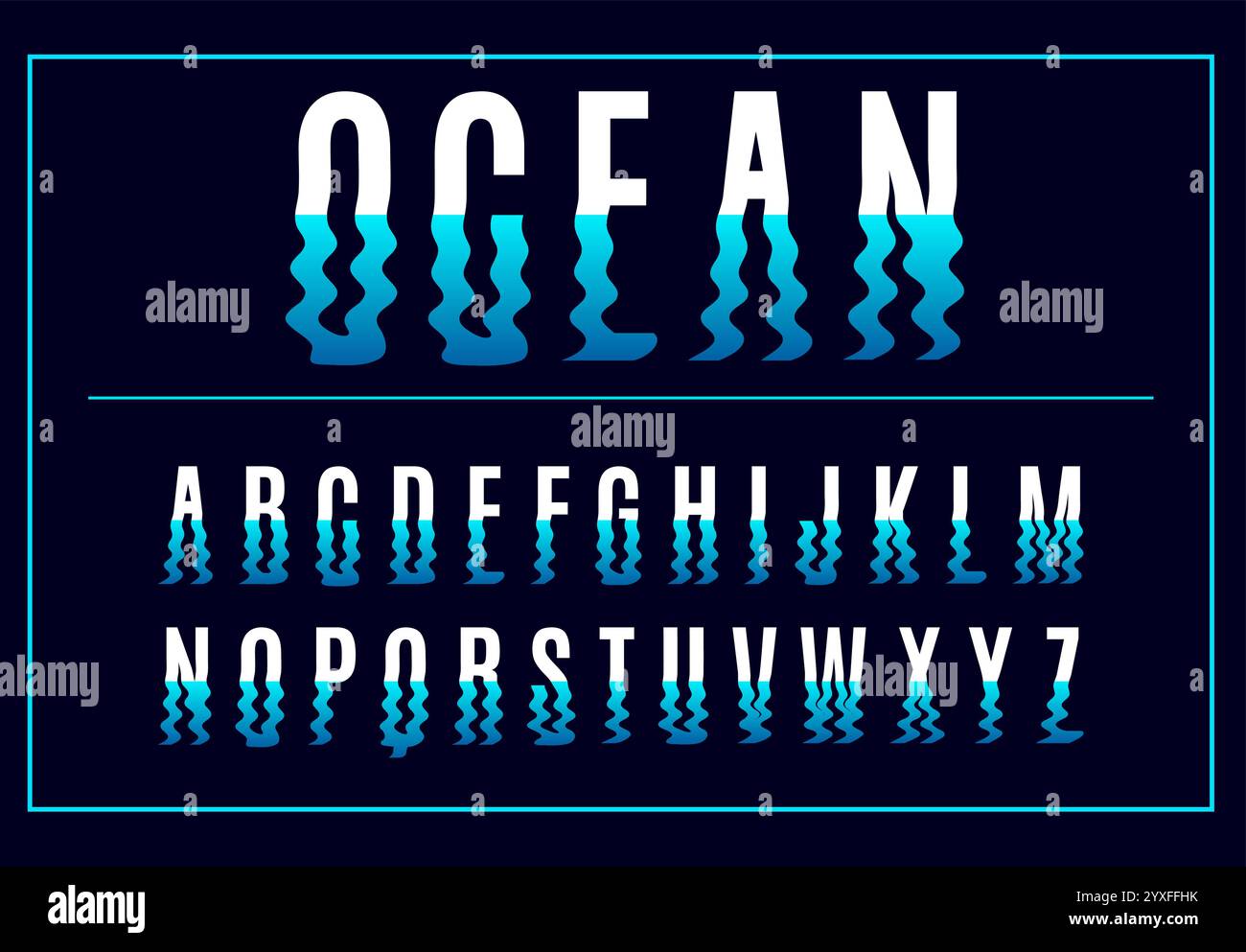 Wavy liquid font. Letters and numbers going under water. Soft lines ...
