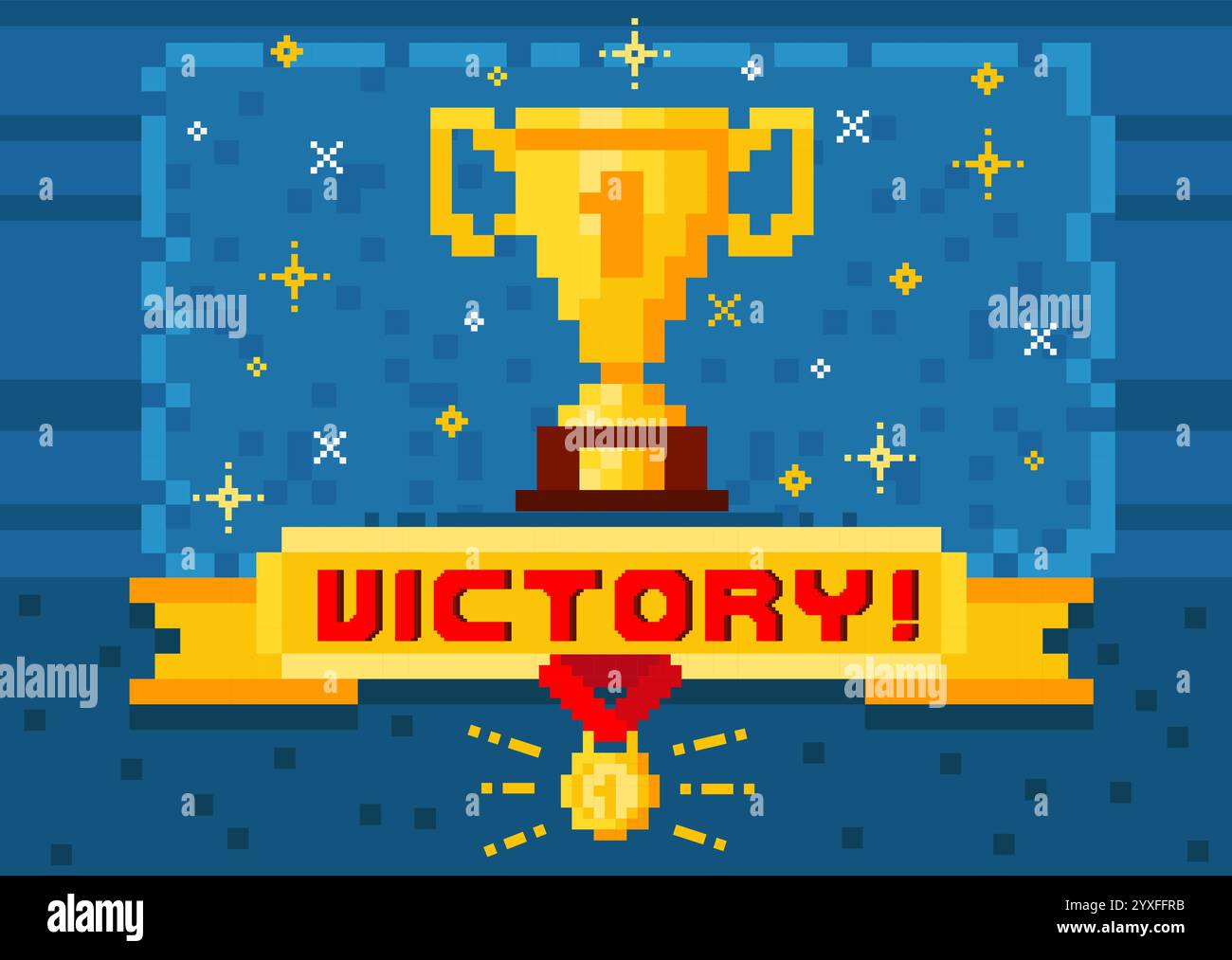 Pixel art cup. 8 bit game congratulation final screen. Winners gold ...