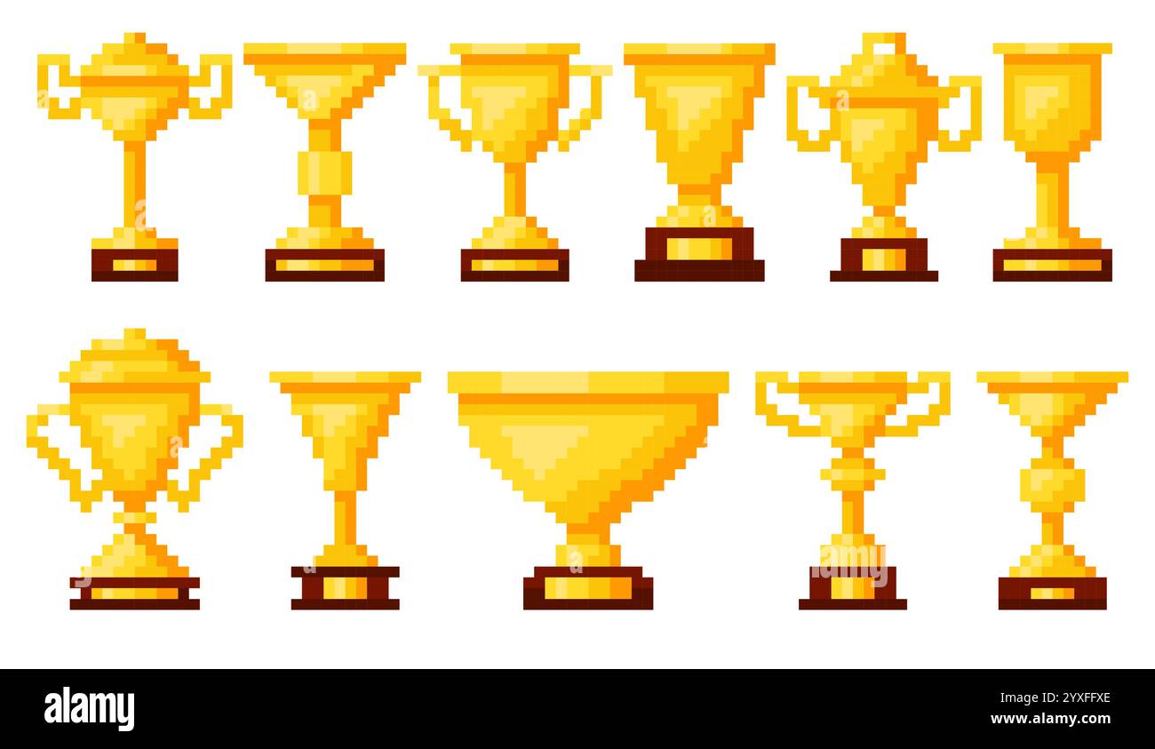Pixel art gold cups. Retro 8 bit video game style. Winner rewards ...