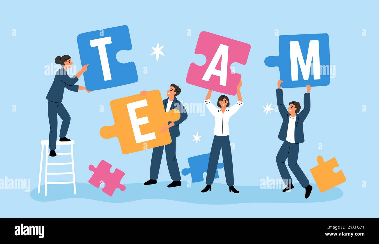 Office staff assemble puzzle. Well coordinated teamwork. Employees ...