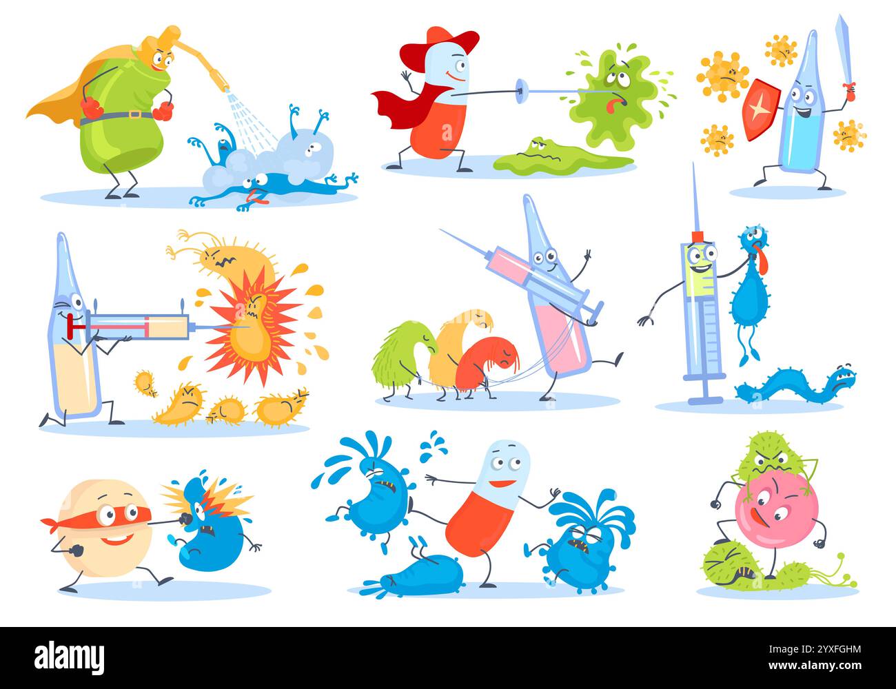 Medicines against viruses. Antibiotic fight evil germs. Cartoon ...