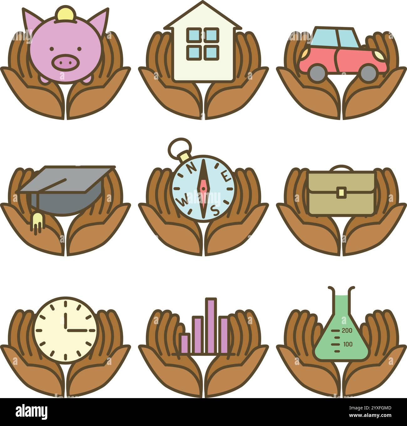 Set of nurturing vector icons with hands holding various symbols ...