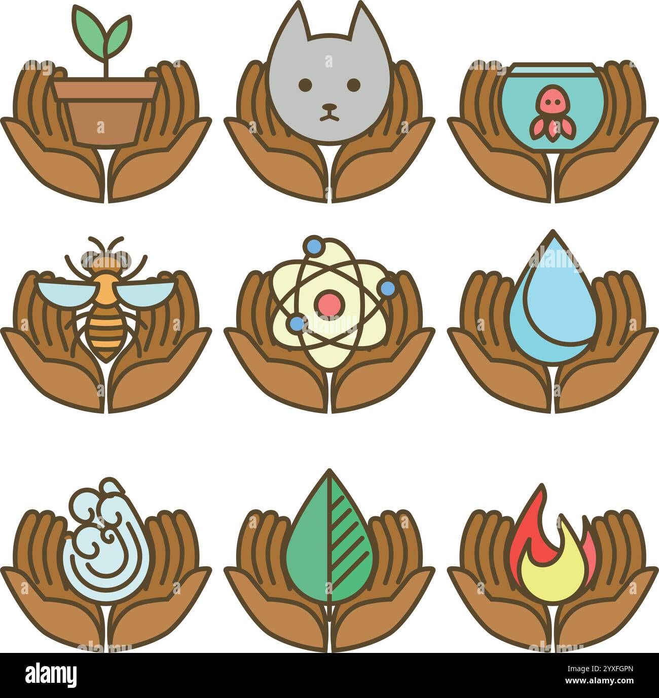 Set of nurturing vector icons with hands holding various symbols ...