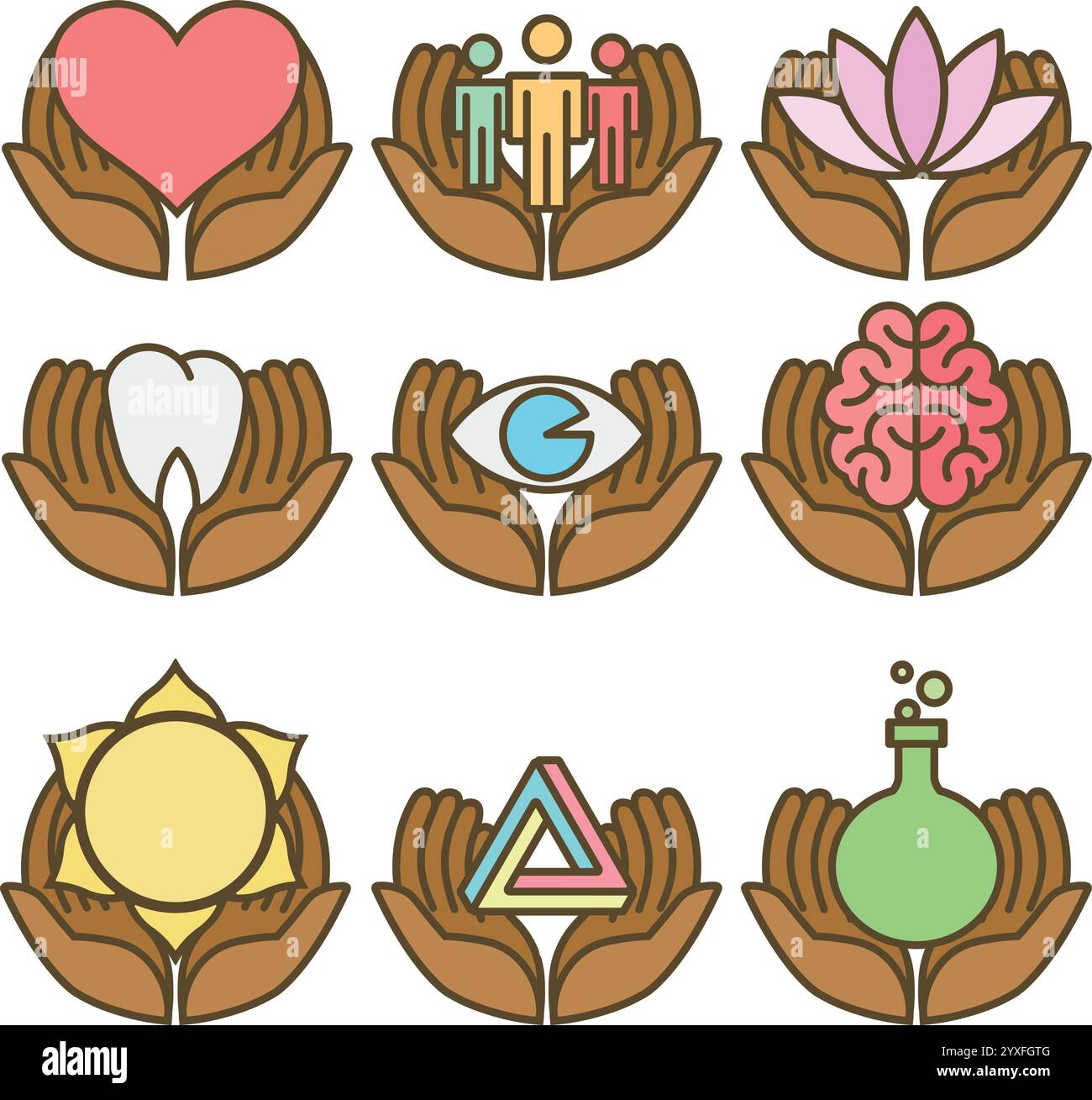 Set of nurturing vector icons with hands holding various symbols ...