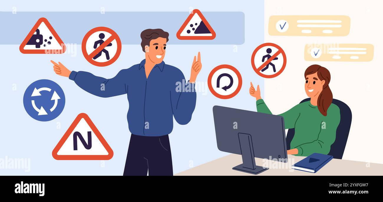 Driving school classes. Woman teaches traffic rules and road signs ...