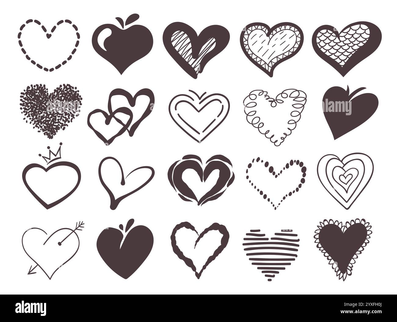 Doodle hearts. Hand drawn love symbols. Romantic graffiti graphic ...